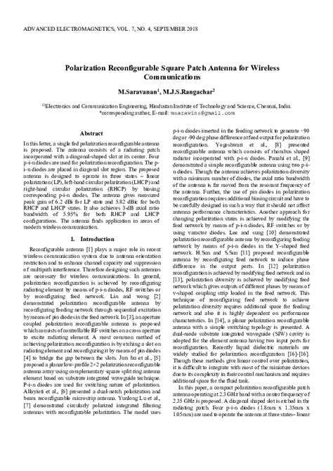Pdf Polarization Reconfigurable Square Patch Antenna For Wireless Communications