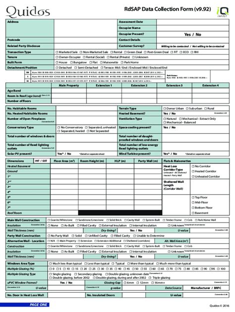 Fillable Online Quidos Co Quidos Rdsap Survey Data Collection Sheets Data Collection Sheets For