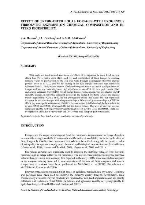 Pdf Effect Of Predigested Local Forages With Exogenous Fibrolytic Enzymes On Chemical