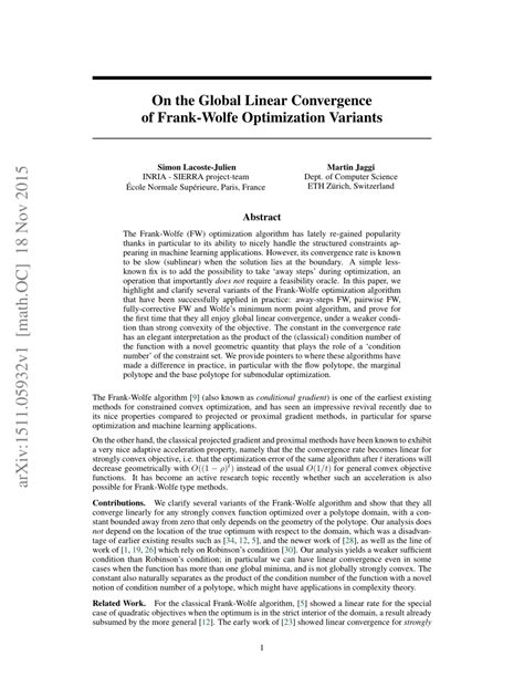 Pdf On The Global Linear Convergence Of Frank Wolfe Optimization Variants