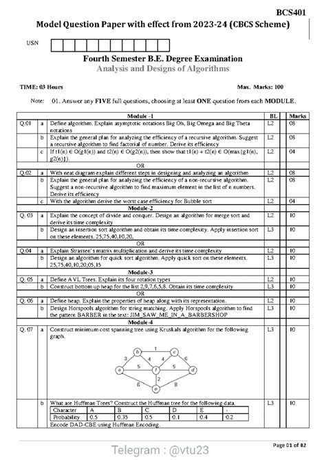 Bcs401 Model Question Paper For Analysis And Design Of Algorithms