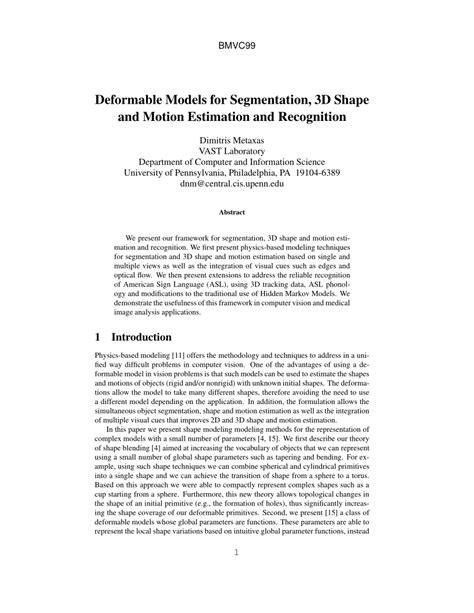 pdf deformable models for segmentation 3d shape and motion