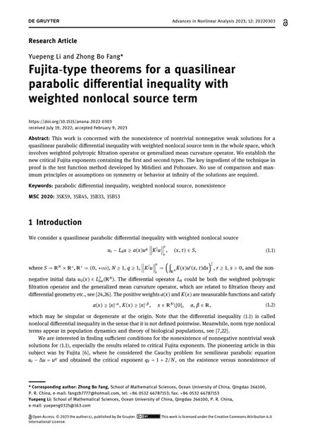 Pdf Fujita Type Theorems For A Quasilinear Parabolic Differential