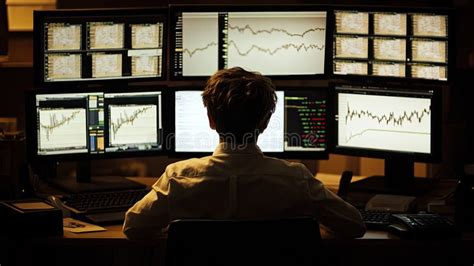 Trading Professional Analyzes Market Data With Multiple Screens At Night In A Modern Office