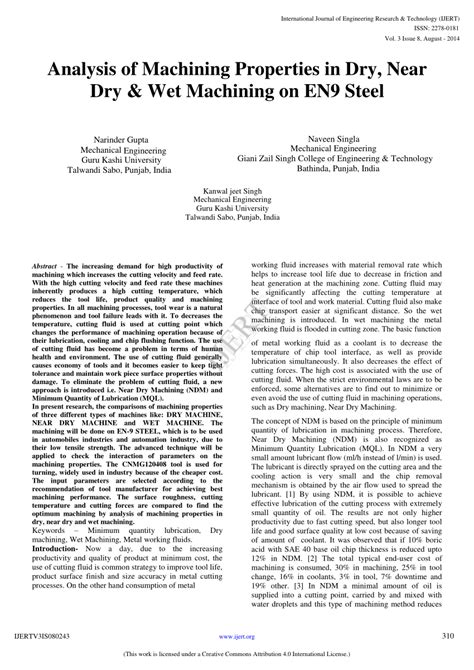 Pdf Analysis Of Machining Properties In Dry Near Dry And Wet Machining On En9 Steel