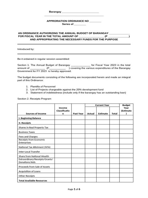 Barangay Appropriation Ordinance Revised Blank Pdf Budget Fiscal Year