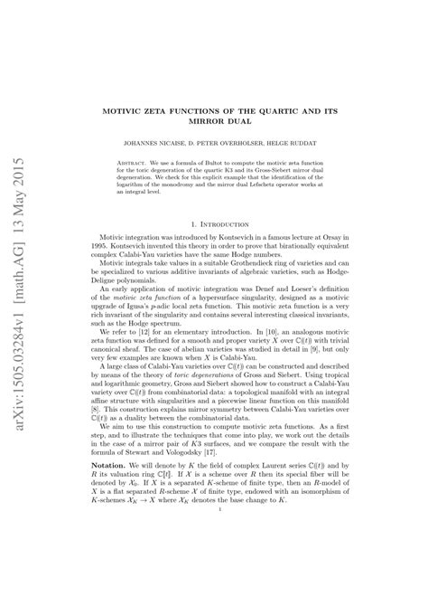 Pdf Motivic Zeta Functions Of The Quartic And Its Mirror Dual