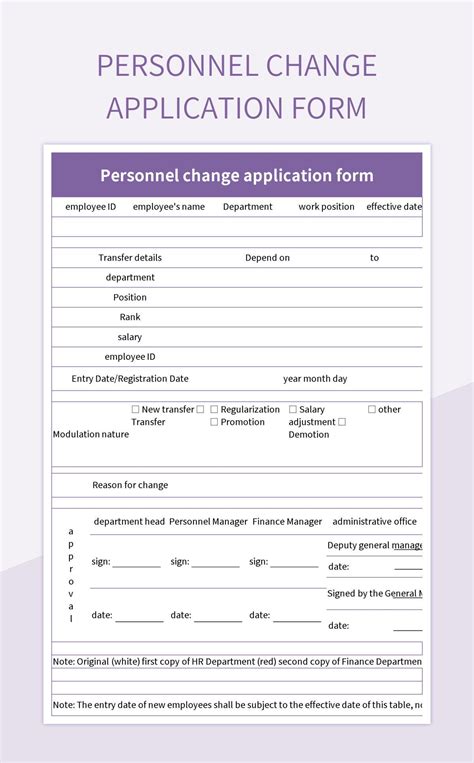 Personnel Change Application Form Excel Template And Google Sheets File For Free Download