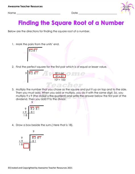 Finding The Square Root Of A Number Handout Square Roots Basic Math Basic Math Skills