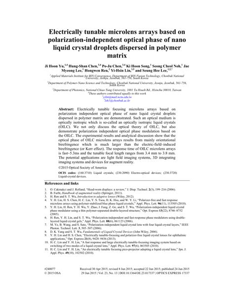 Pdf Electrically Tunable Microlens Arrays Based On Polarization Independent Optical Phase Of
