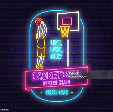 농구 클럽 네온 디자인입니다 벡터 셔츠 인쇄 우표 또는 티에 대 한 개념입니다 농구 선수와 농구 볼 실루엣 빈티지 타이포 그래피 디자인 밤 네온 간판 Championship