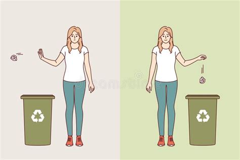 woman throws trash into paper recycling bin demonstrating correct way