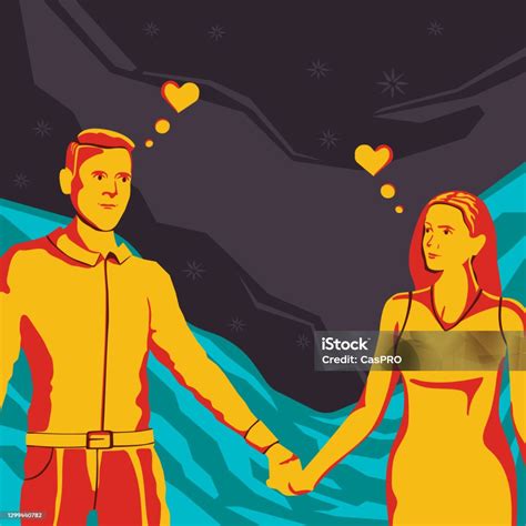 별이 빛나는 하늘의 배경에 손을 잡고 사랑에 빠진 부부 마음의 형태로 생각 구름의 머리 위에 사랑에 빠진 부부의 포스터 2명에 대한 스톡 벡터 아트 및 기타 이미지 Istock