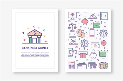 브로셔 전단지 표지 책 연례 보고서 표지 레이아웃 디자인 템플릿에 대한 은행 및 돈 관련 아이콘 벡터 일러스트레이션 연금에 대한 스톡 벡터 아트 및 기타 이미지 Istock