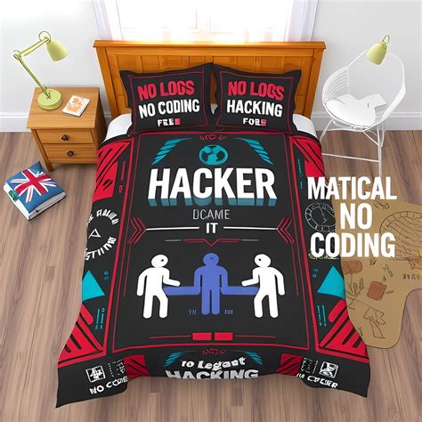 3 Piece Hacker Themed Duvet Cover Set Black Comforter With Bold Hacker Design And Playful