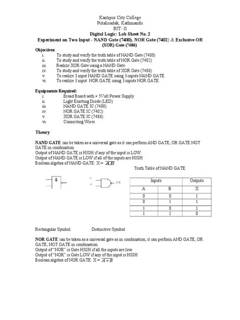 Digital Logic Lab Sheet No 2 Experiment On Two Input Nand Gate 7400 Nor Gate 7402