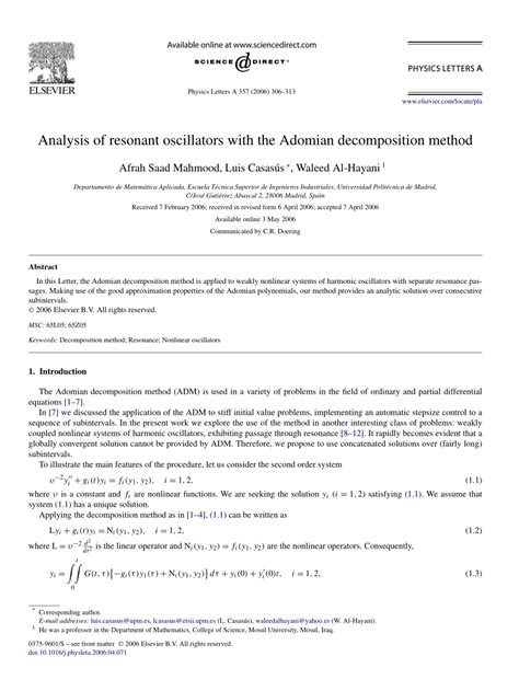 Pdf Analysis Of Resonant Oscillators With The Adomian Decomposition Method
