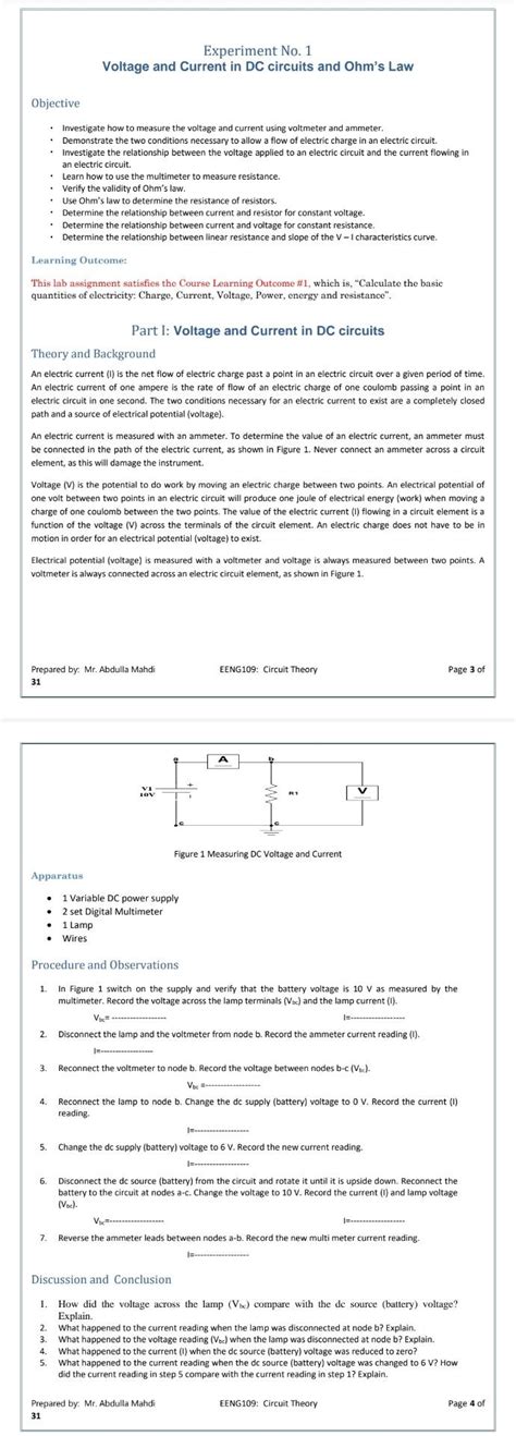 Solved Experiment No Voltage And Current In DC Circuits Chegg
