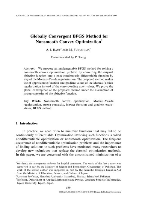 Pdf Globally Convergent Bfgs Method For Nonsmooth Convex Optimization