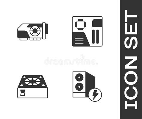 Set Case Of Computer Video Graphic Card Computer Cooler And Motherboard Digital Chip Icon