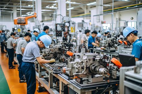 Workers On Assembly Line In Manufacturing Plant Premium Ai Generated