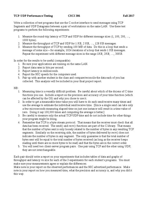 Tcp Udp Performance Testing Csci 386 Fall 2017 Pdf Transmission