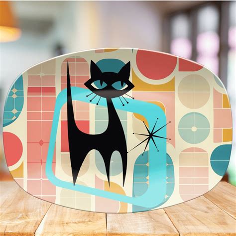 Atomic Cat Serving Tray Atomic Kitty Cat 60s Retro Geometric Pink