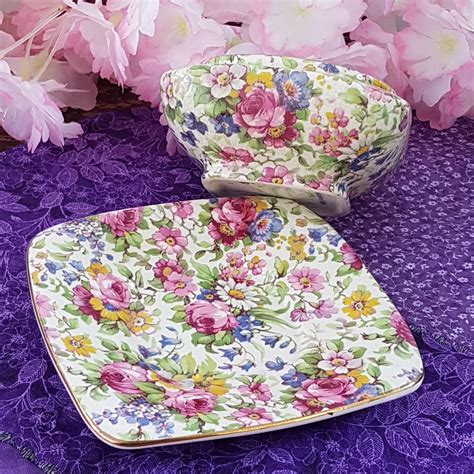 Vintage Summertime Jam Pot 1930s English Chintz Pottery Floral Saucer