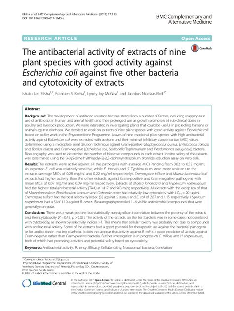 Pdf The Antibacterial Activity Of Extracts Of Nine Plant Species With Good Activity Against