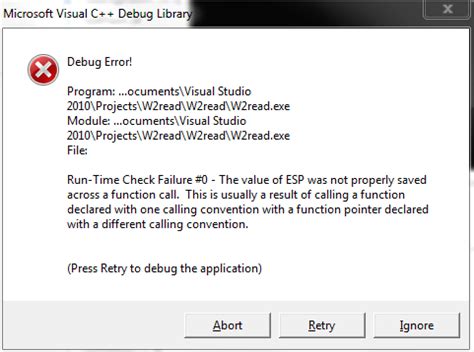 C Run Time Check Failure The Value Of ESP Was Not Properly Saved Across A Function Call