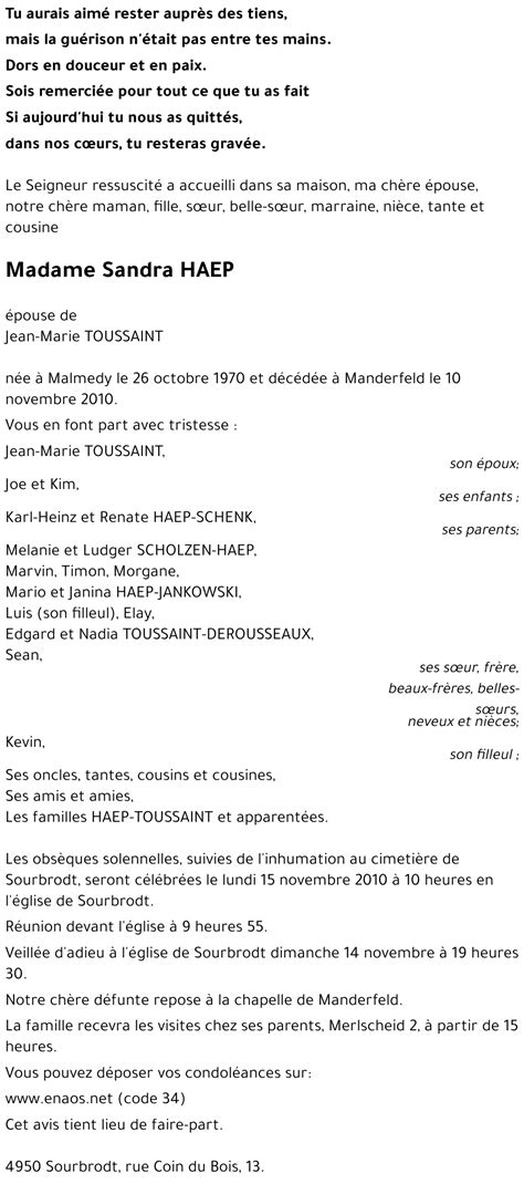 Avis De Décès De Sandra Haep Décédé Le 10 11 2010 à Manderfeld Annonce Condoléances Fleurs