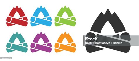 흰색 배경에 격리 된 검은 캠프 파이어 아이콘 나무와 불타는 모닥불 다채로운 아이콘을 설정합니다 벡터 가연성에 대한 스톡 벡터 아트 및 기타 이미지 Istock