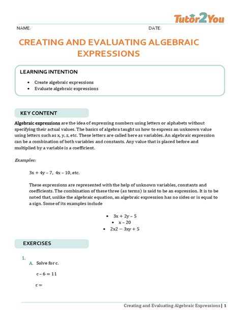 Creating And Evaluating Algebraic Expressions 1 Pdf Algebra