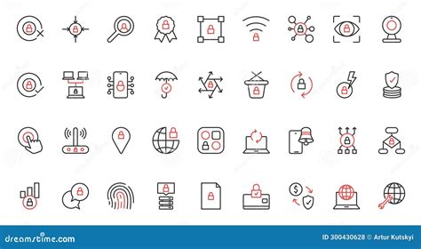 Cybersecurity System Line Icons Collection Firewall Encryption Malware Phishing