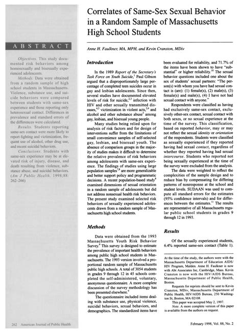 Pdf Correlates Of Same Sex Sexual Behavior In A Random Sample Of Massachusetts High School