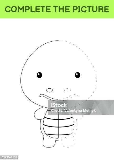 귀여운 거북이의 그림을 완료합니다 색칠 공부 그림을 복사합니다 필기 연습 그리기 기술 훈련 인쇄 가능한 워크시트 를 개발하는