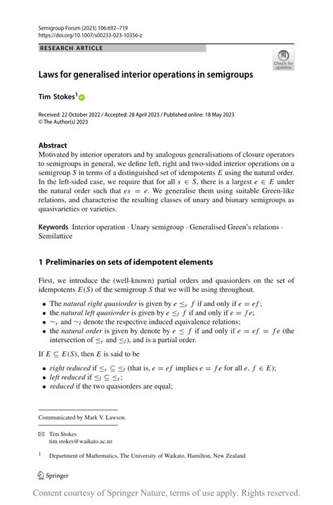 Pdf Laws For Generalised Interior Operations In Semigroups
