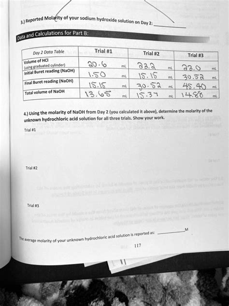 solved reported molarity vour sodium hydroxide solution on dav 2