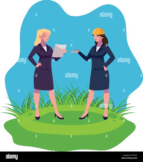 Female Engineers Workers Characters On The Lawn Vector Illustration Design Stock Vector Image