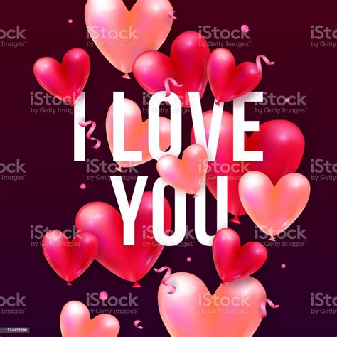 내가 당신을 사랑 텍스트 현실적인 3d 비행 잔뜩 공기 풍선 하트 색종이 리본 벡터 휴가 낭만적인 그림 유행 발렌타인의 날 안 내장 포스터 또는 축제 인사말 카드 3차원