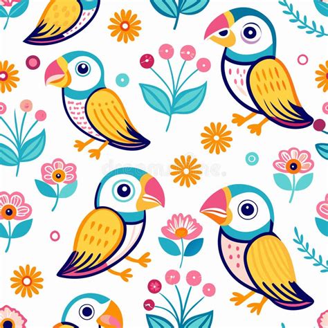 Colorful Puffin Bird And Floral Seamless Pattern Stock Vector Illustration Of Avian Graphic