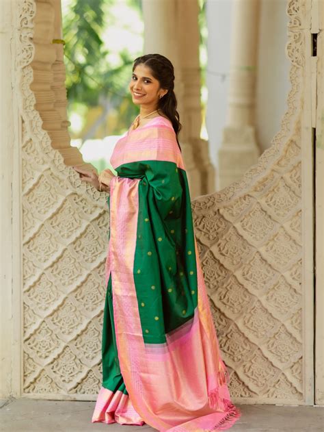Green Kanjeevaram Silk Saree With Light Pink Border Tulsi Weaves