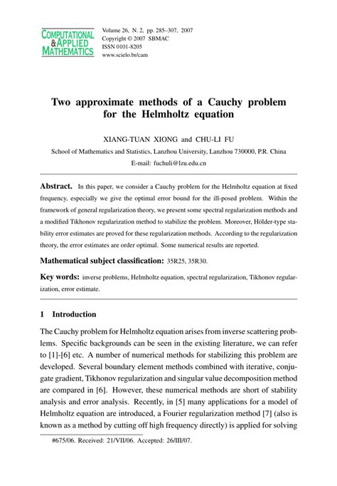 Pdf Two Approximate Methods Of A Cauchy Problem For The Helmholtz Equation