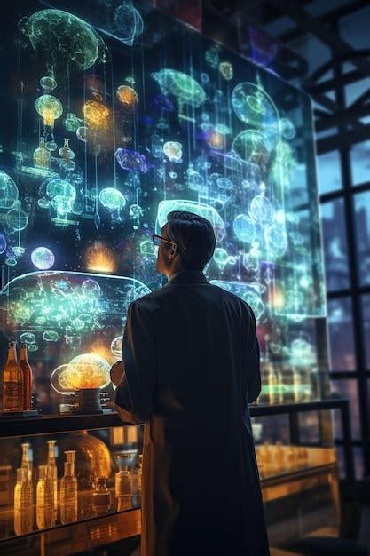 Premium Photo A Man Is Engaged With A Large Advanced Touchscreen Display Showing Vivid Data