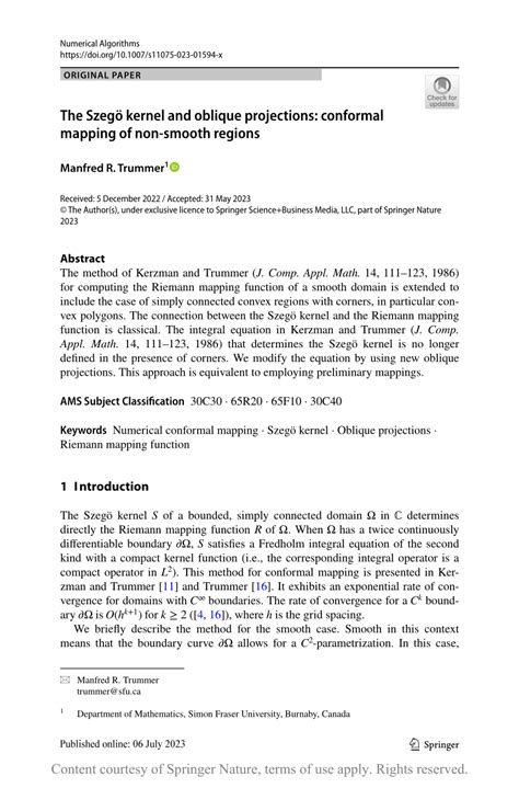 The Szegö Kernel And Oblique Projections Conformal Mapping Of Non Smooth Regions Request Pdf