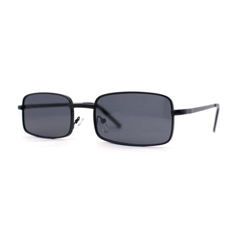 Mens Classic Narrow Rectangle Metal Rim Dad Sunglasses All Black