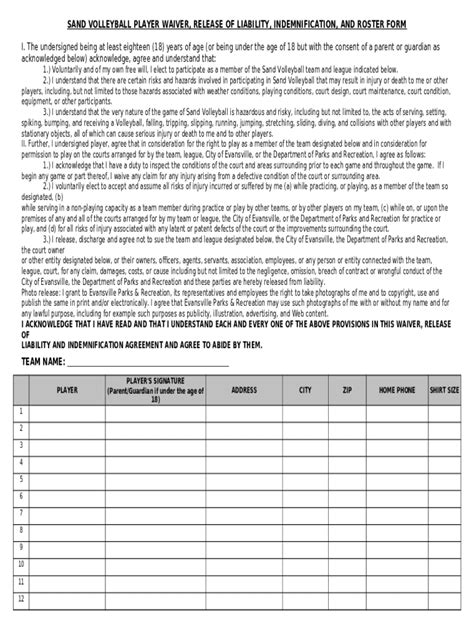 Volleyball Player Waiver Release Of Liability Indemnification
