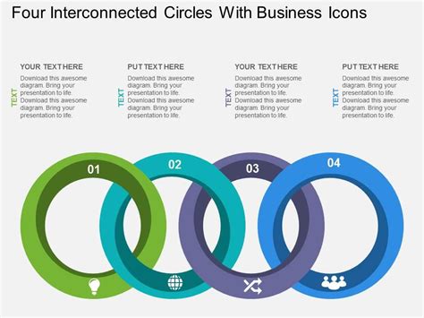 four interconnected circles with business icons flat powerpoint design