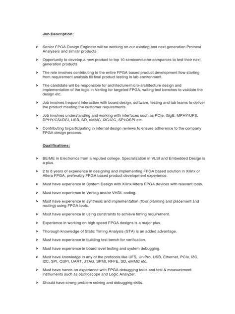 Sr Fpga Design Engineer Job Description Pdf