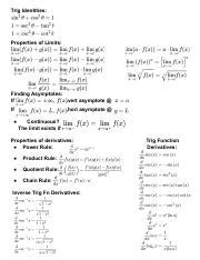 Calc AB Cheat Sheet Pdf Trig Identities Properties Of Limits Finding Asymptotes If Vert
